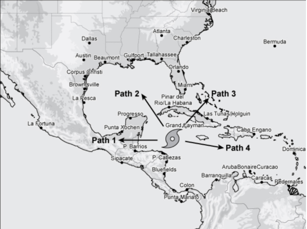 Meteorologists have modeled four potential paths for a hurri